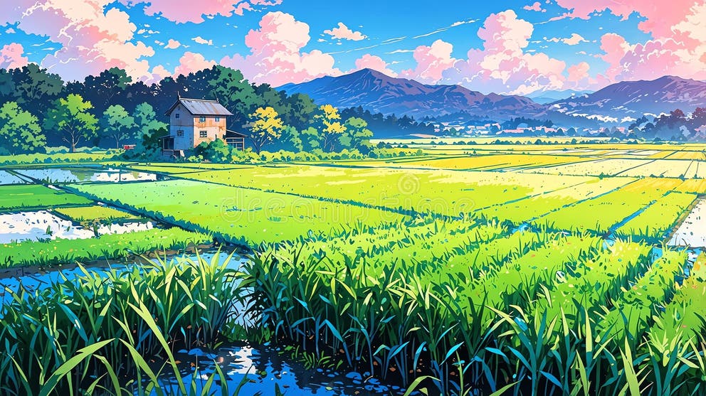 Aesthetic Neon Lit Rice Fields the Design Sh Ai Generated Stock ...