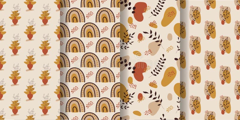 Aesthetic Patterns. Boho Patterns. Set of Seamless Patterns with Rainbows, Moon, Sun, Leaves ...