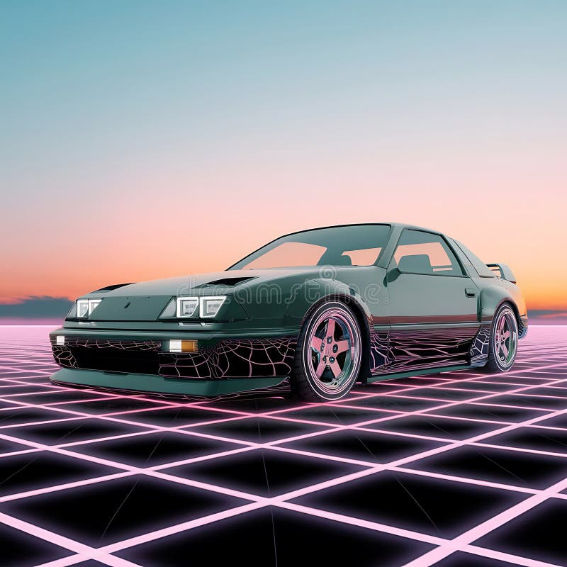 Aesthetic 90s Car on Neon Laser Gridlines with Sunset Horizon Stock ...