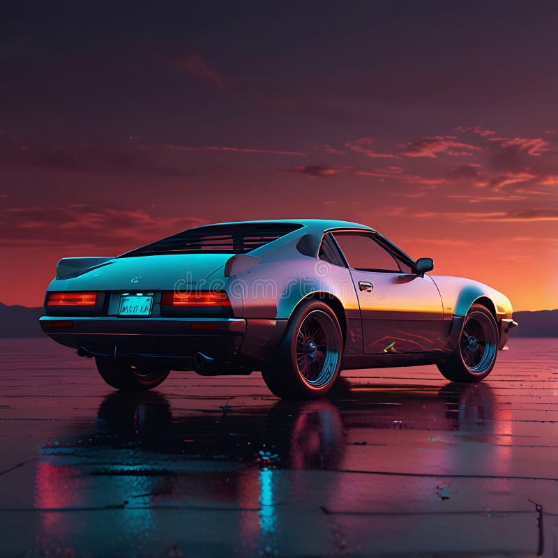 Aesthetic 90s Car on Neon Laser Gridlines with Sunset Horizon Stock ...