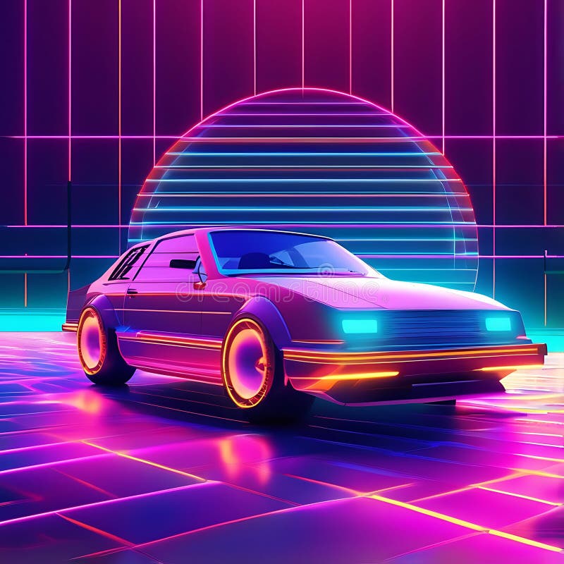 Aesthetic 90s Car on Neon Laser Gridlines with Sunset Horizon Stock ...