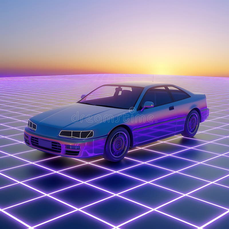 Aesthetic 90s Car on Neon Laser Gridlines with Sunset Horizon Stock ...