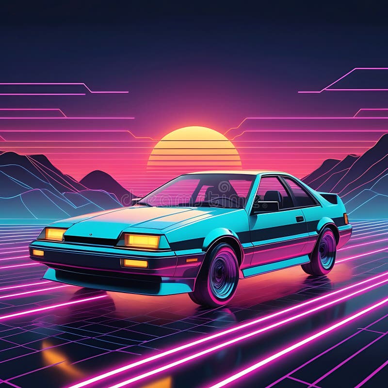 Aesthetic 90s Car on Neon Laser Gridlines with Sunset Horizon Stock ...