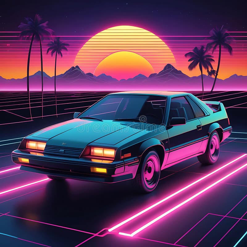 Aesthetic 90s Car on Neon Laser Gridlines with Sunset Horizon Stock ...