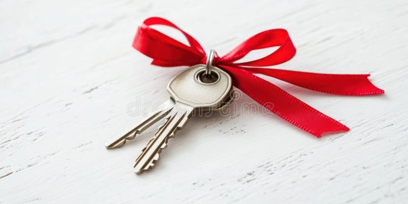 Aesthetic Set of Keys with Red Ribbon on White Surface for Gift or ...