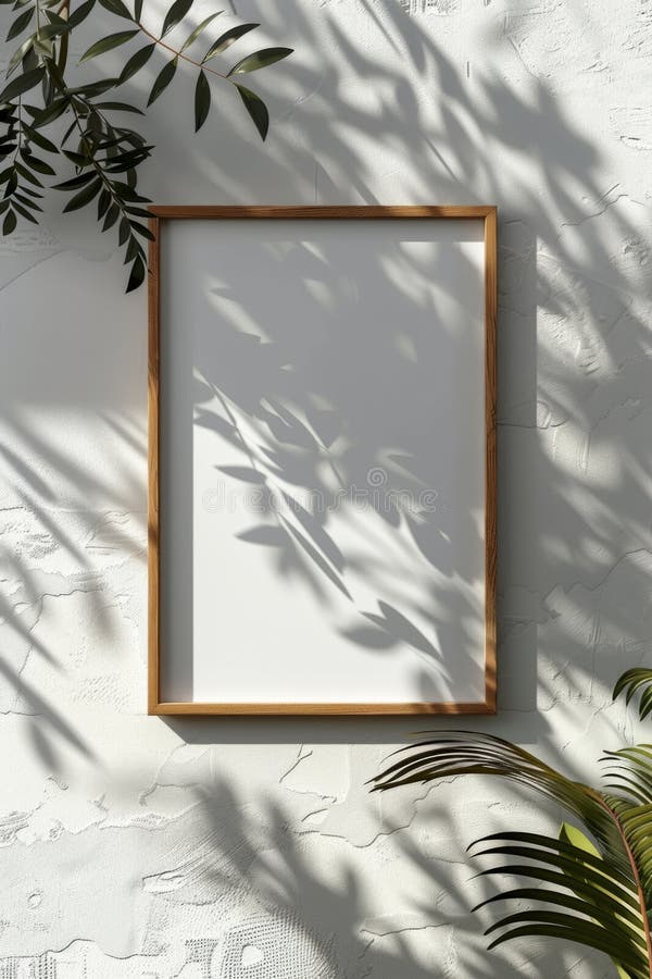 Aesthetic Showcase of Blank Frame on White Wall with Leaf Shadows ...