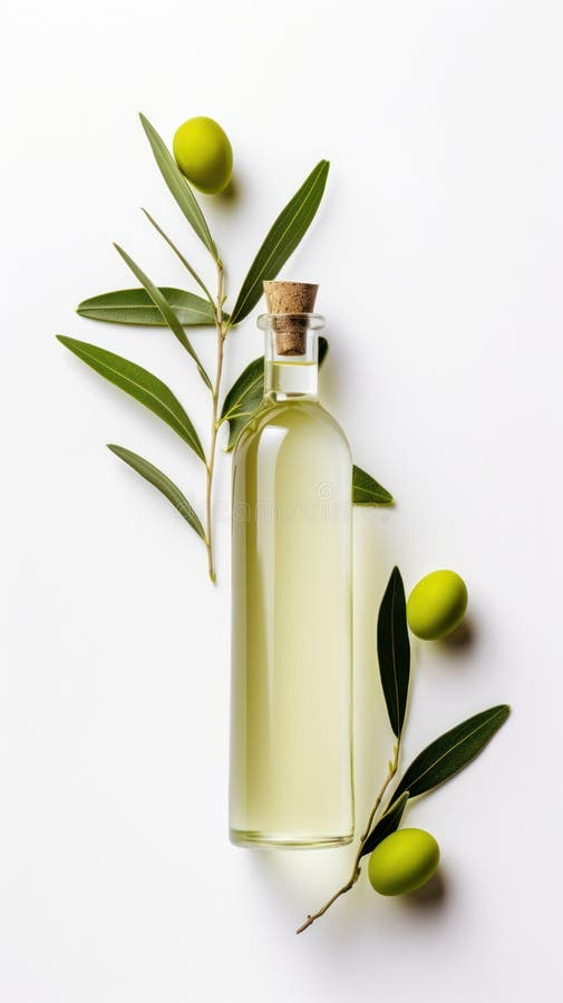 Aesthetic Top View of a Clear Olive Oil Bottle with Olive Branches and ...