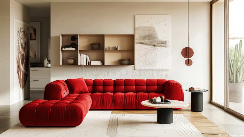 Aesthetic Tufted Cosy Red Corner Sofa in Spacious Lightroom Interior ...