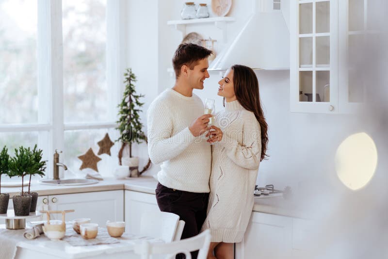 Affectionate Couple Hugging in Kitchen Stock Image - Image of coffee ...