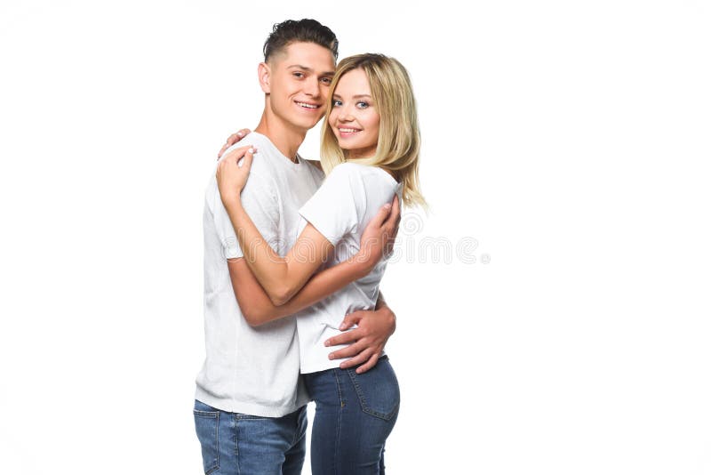 Affectionate Couple Hugging and Looking at Camera Stock Image - Image ...