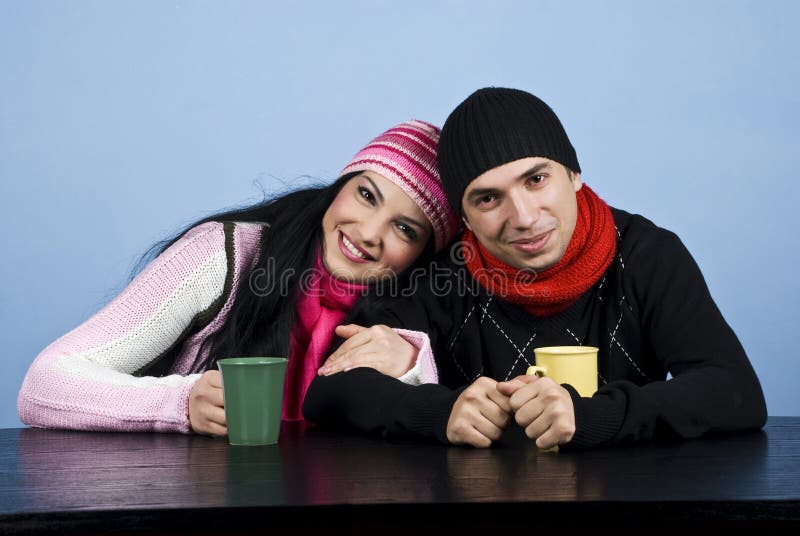 Affectionate Couple in Winter Clothes Drinking Tea Stock Photo - Image ...