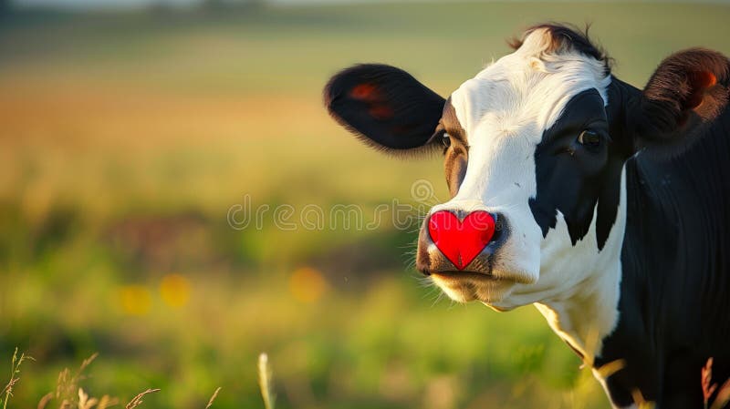 Affectionate Cow with a Whimsical Red Heart on a Playful Face. Stock ...