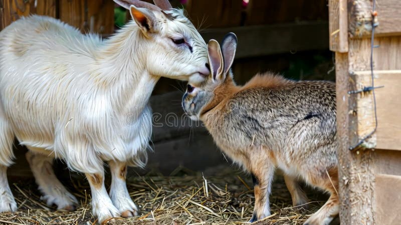 An Affectionate Goat Nuzzles a Rabbit Inside a Warm Barn Surrounded by ...