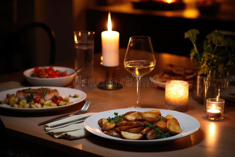 An Affordable Home-made Dinner on a Table with Candlelight Stock Image ...