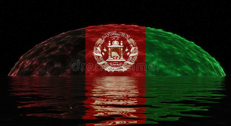 Afghanistan Flag Reflected in Water with Celestial Background and Dark ...