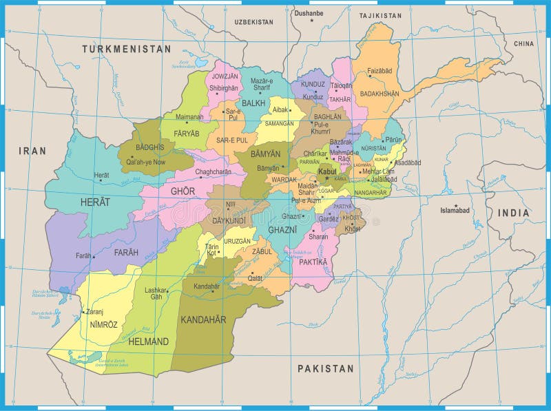 Afghanistan Map Political - Capital, Cities, Rivers and Lakes - Highly ...