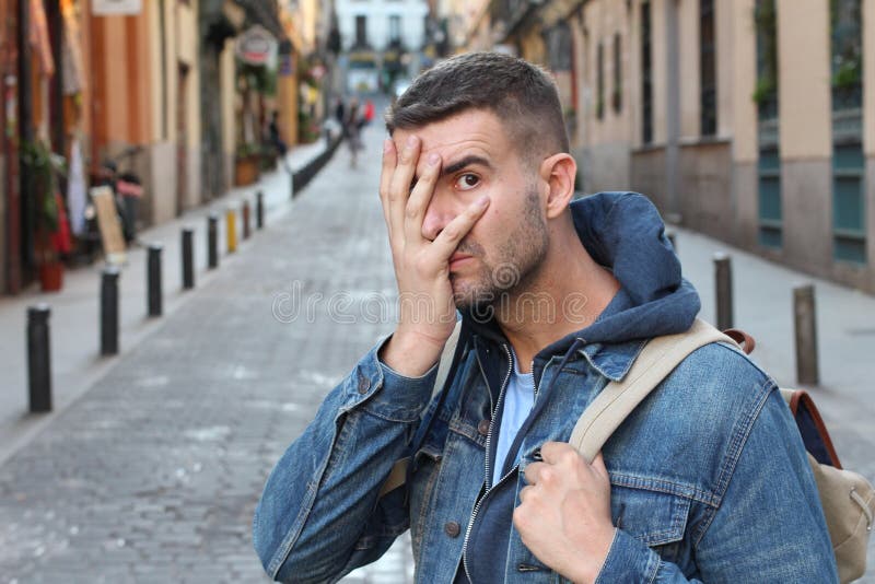 Afraid Man Hiding His Face Outdoors Stock Image - Image of issues, fear ...