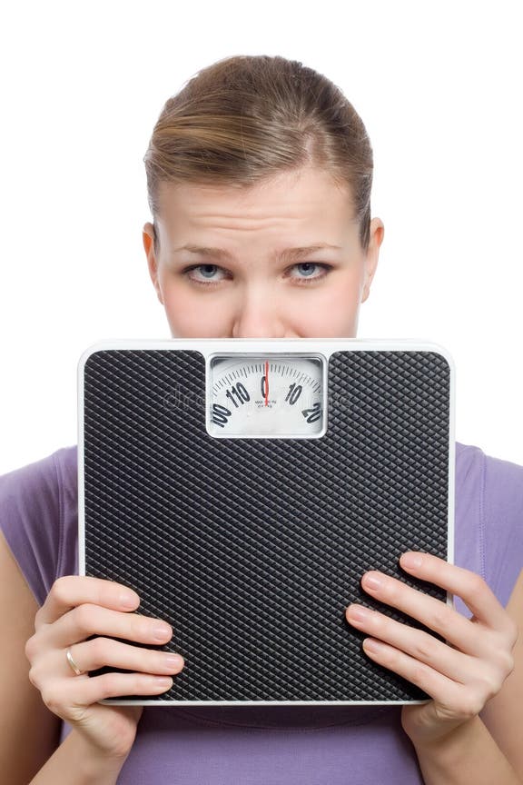 Afraid Young Woman Looking Behind a Weight Scale Stock Image - Image of ...