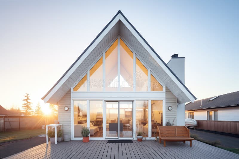 Aframe House at Sunrise with Light Reflecting Off Windows Stock Image ...