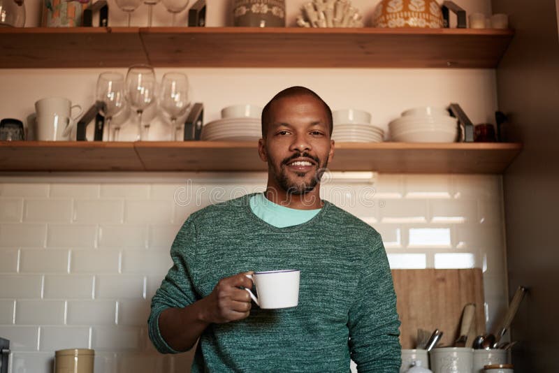 African American Black Man Holding Cup of Coffee at Home Stock Image ...