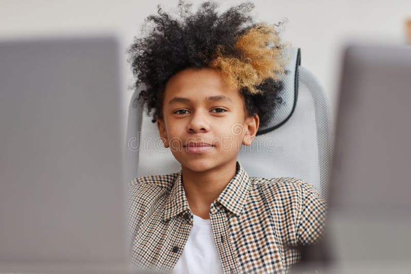African-American Boy Using Computer at Home Stock Photo - Image of ...