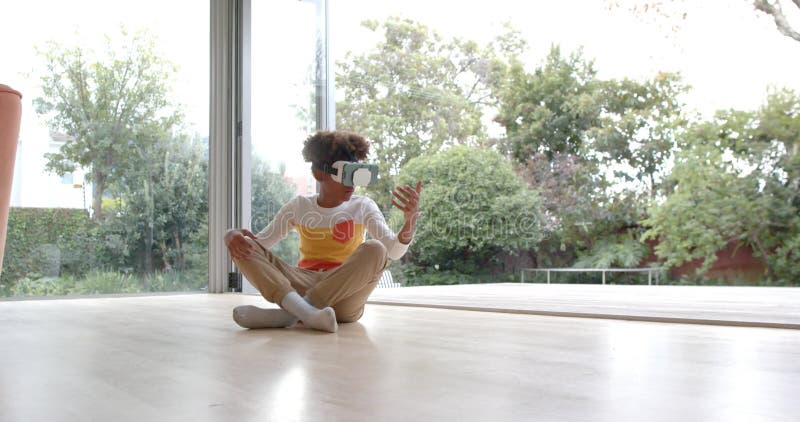 African American Boy Using Vr Headset and Touching Virtual Screen, Copy ...