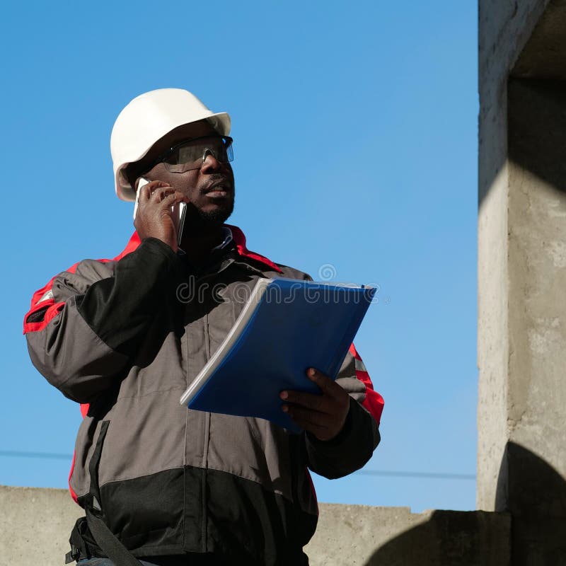 African American Builder with Work Papers Talks on Smartphone Stock ...