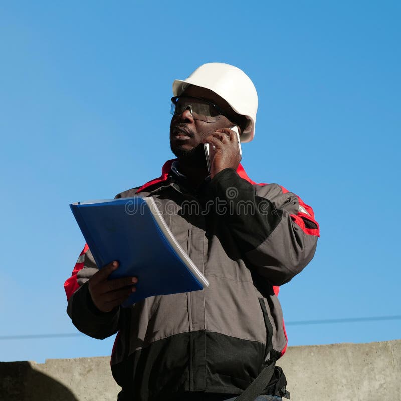 African American Builder with Work Papers Talks on Smartphone Stock ...