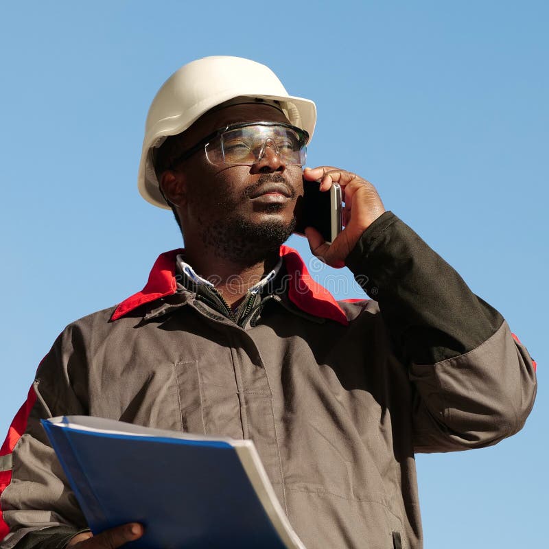 African American Builder with Work Papers Talks on Smartphone Stock ...