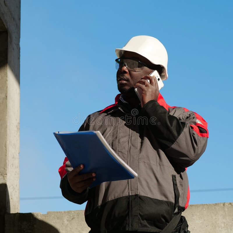 African American Builder with Work Papers Talks on Smartphone Stock ...