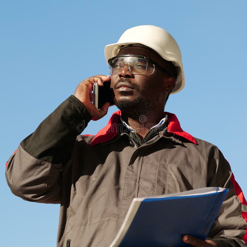 African American Builder with Work Papers Talks on Smartphone Stock ...