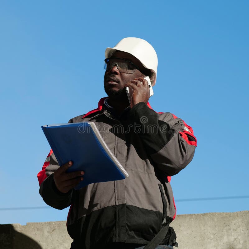 African American Workman with Smartphone at Construction Site Stock ...
