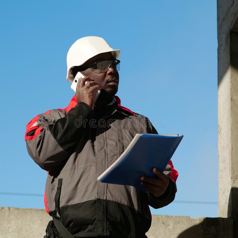 African American Builder with Work Papers Talks on Smartphone Stock ...