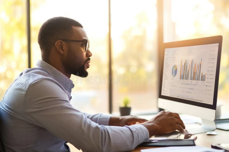 African American Businessman Analyzing Reports on a Computer Screen in ...