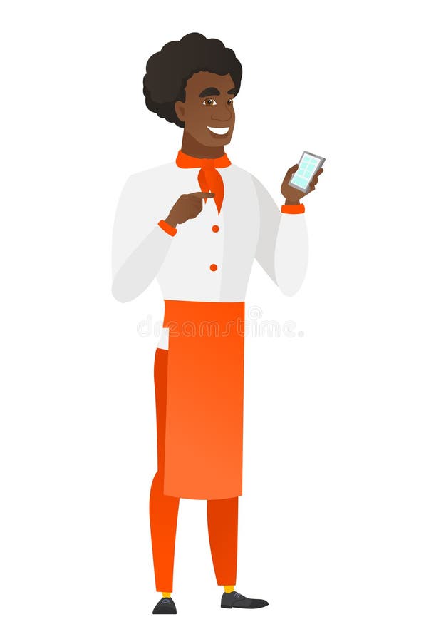 African-american Chef Cook Holding a Mobile Phone. Stock Vector ...