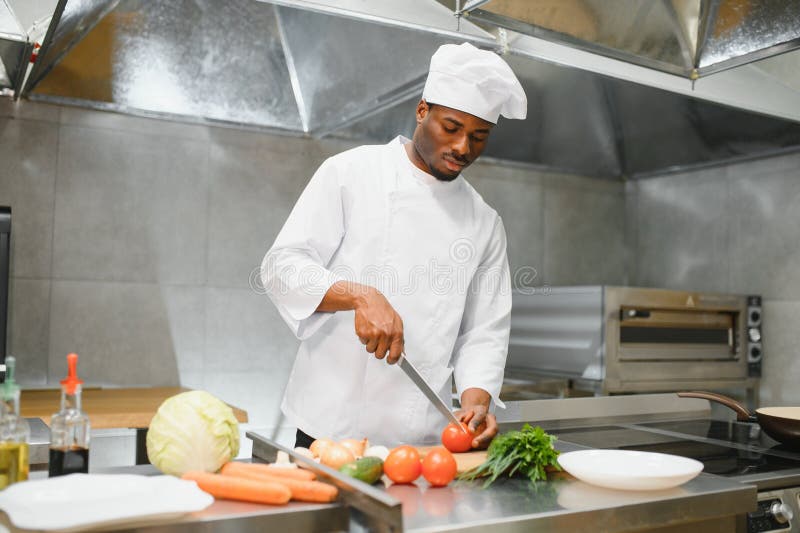 African American Chef Cooking Tasty Salad in Kitchen Stock Image ...