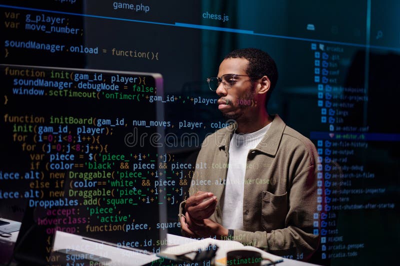 African American Coder Analyzing Complex Code on Screen Stock Photo - Image of engineering ...