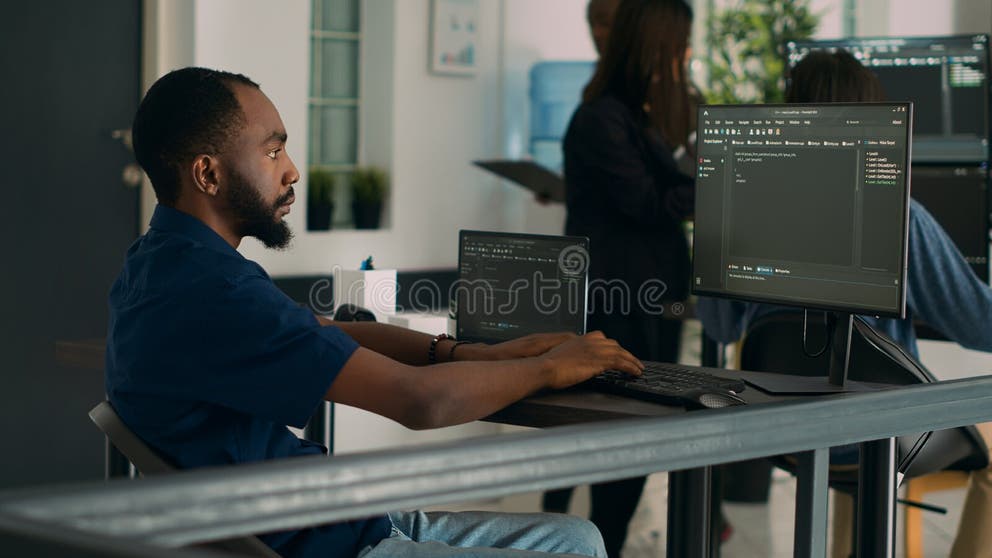 African American Coder Developing App Interface with Html Code and Script Stock Photo - Image of ...