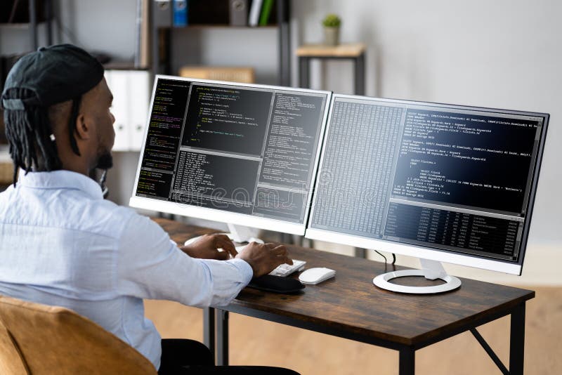 African American Coder Using Computer At Desk Stock Image Image Of Coder Code 235554363