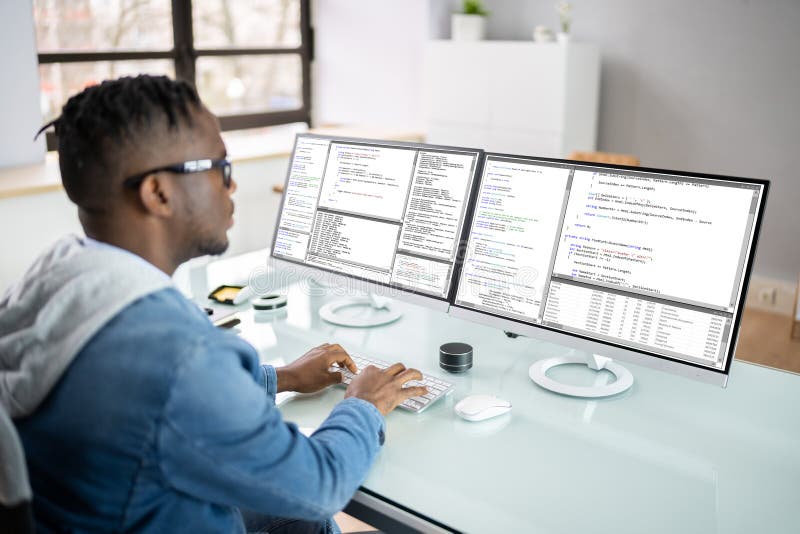 African American Coder Using Computer at Desk Stock Photo - Image of ...