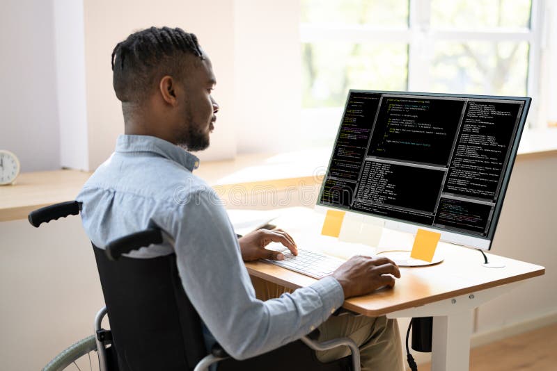 African American Coder Using Computer At Desk Stock Image Image Of Access Source 247284143
