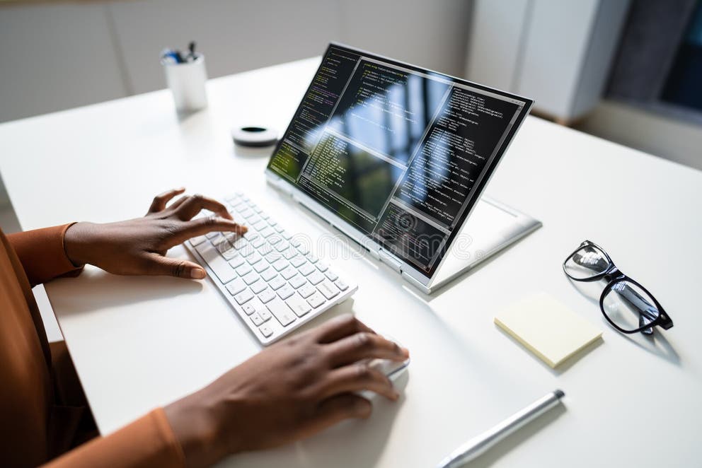 African American Coder Using Computer at Desk Stock Photo - Image of working, program: 259545874