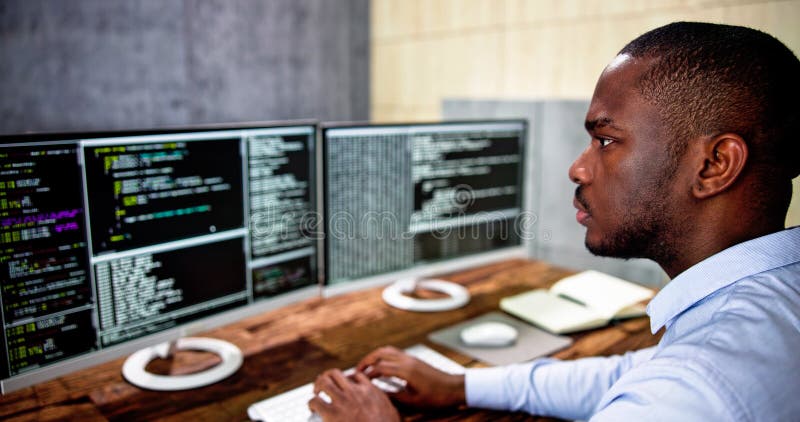 African American Coder Using Computer at Desk Stock Photo - Image of ... African American Coder Using Computer at Desk Stock Photo - Image of ...