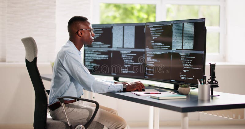 African American Coder Using Computer at Desk Stock Image - Image of programming, programmer ...
