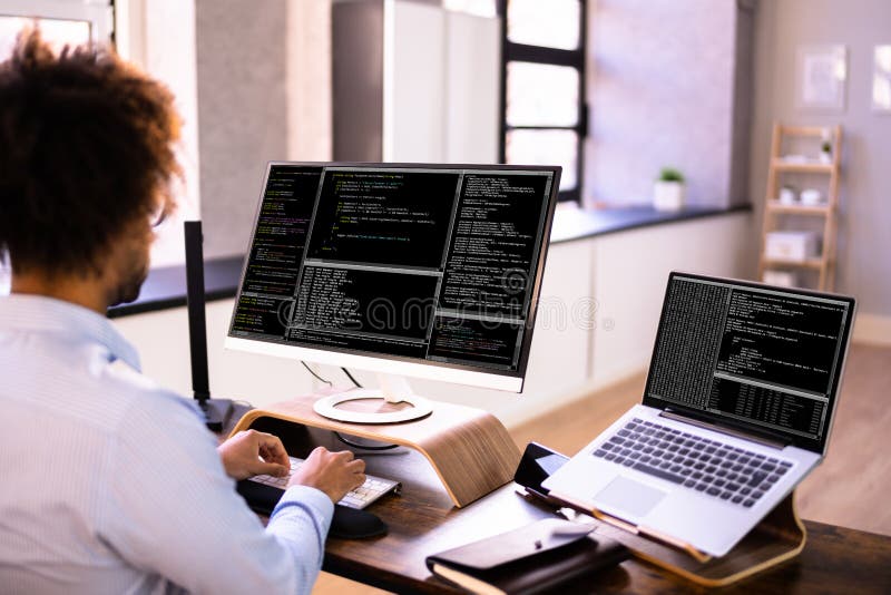 African American Coder Using Computer at Desk Stock Image - Image of ...