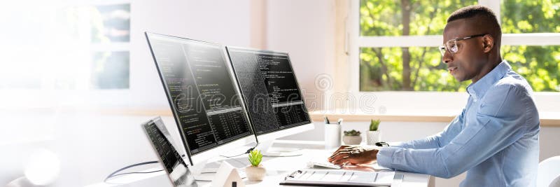 African American Coder Using Computer at Desk Stock Image - Image of ...