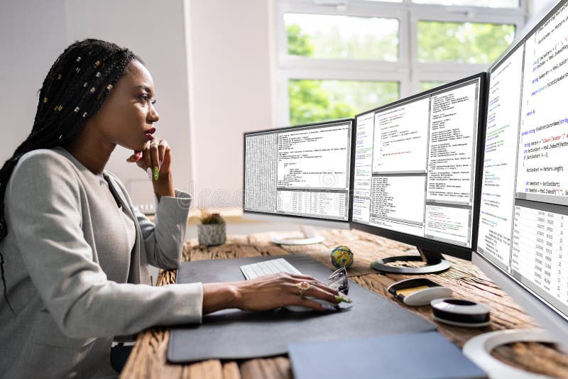 African American Coder Using Computer at Desk Stock Image - Image of ...