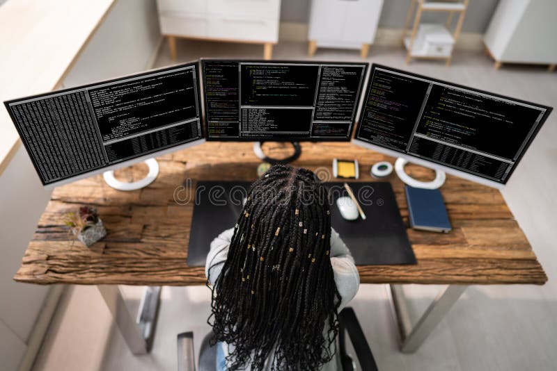 African American Coder Using Computer at Desk Stock Photo - Image of ...