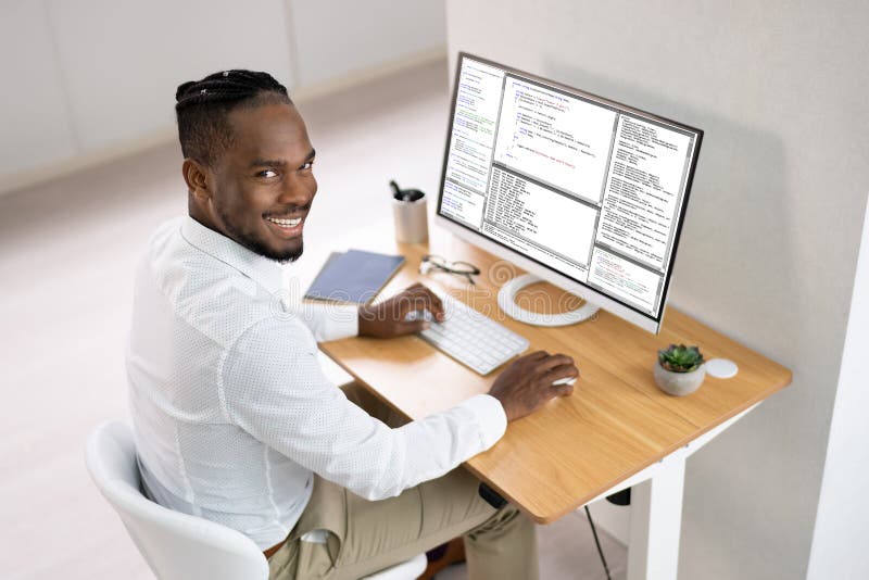 African American Coder Using Computer at Desk Stock Photo - Image of ...
