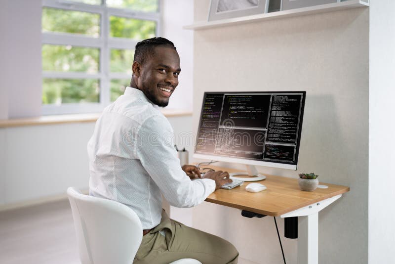 African American Coder Using Computer at Desk Stock Image - Image of ...